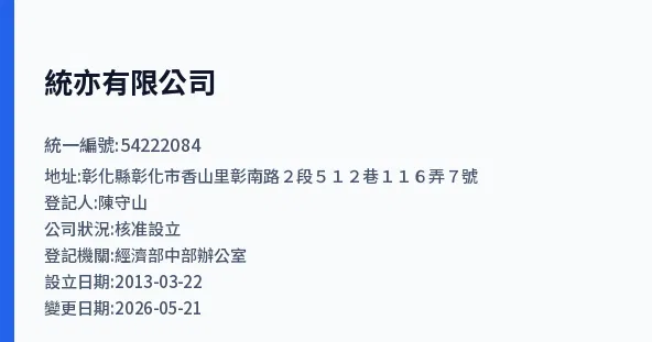 統亦有限公司的照片-統編 54222084(彰化縣) 公司登記資料與營業項目詳細圖表