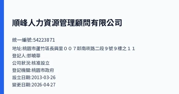 順峰人力資源管理顧問有限公司的照片-統編 54223871(桃園市) 公司登記資料與營業項目詳細圖表