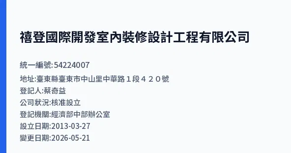 禧登國際開發室內裝修設計工程有限公司的照片-統編 54224007(臺東縣) 公司登記資料與營業項目詳細圖表