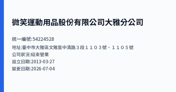 微笑運動用品股份有限公司大雅分公司的照片-統編 54224528(臺中市) 公司登記資料與營業項目詳細圖表