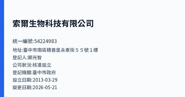 索爾生物科技有限公司的照片-統編 54224983(臺中市) 公司登記資料與營業項目詳細圖表