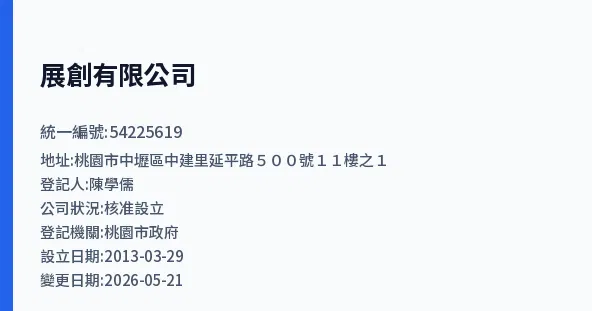 展創有限公司的照片-統編 54225619(桃園市) 公司登記資料與營業項目詳細圖表