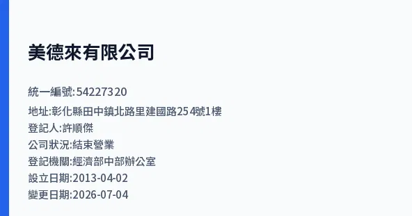 美德來有限公司的照片-統編 54227320(彰化縣) 公司登記資料與營業項目詳細圖表
