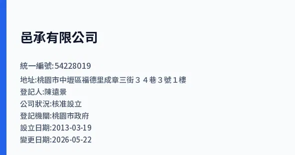 邑承有限公司的照片-統編 54228019(桃園市) 公司登記資料與營業項目詳細圖表