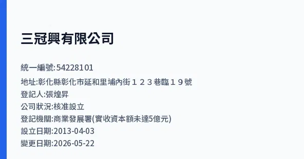 三冠興有限公司的照片-統編 54228101(彰化縣) 公司登記資料與營業項目詳細圖表