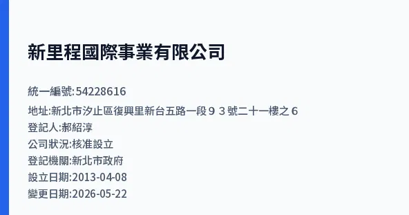 新里程國際事業有限公司的照片-統編 54228616(新北市) 公司登記資料與營業項目詳細圖表