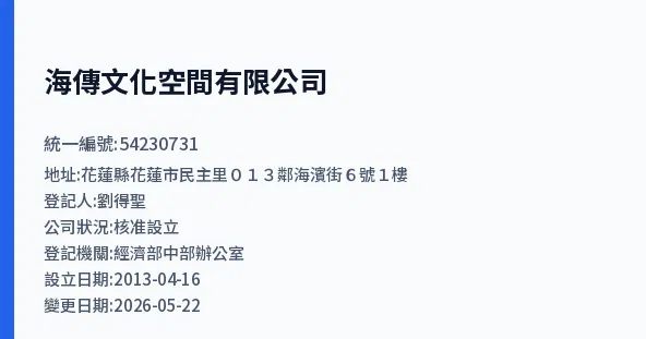 海傳文化空間有限公司的照片-統編 54230731(花蓮縣) 公司登記資料與營業項目詳細圖表