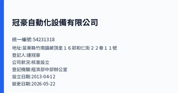 冠豪自動化設備有限公司的照片-統編 54231318(苗栗縣) 公司登記資料與營業項目詳細圖表