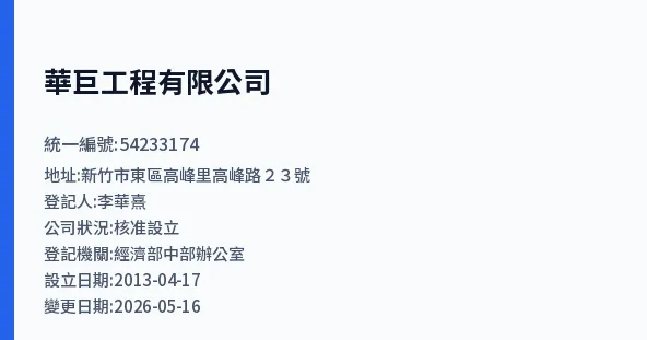 華巨工程有限公司的照片-統編 54233174(新竹市) 公司登記資料與營業項目詳細圖表