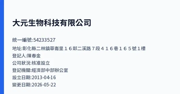 大元生物科技有限公司的照片-統編 54233527(彰化縣) 公司登記資料與營業項目詳細圖表