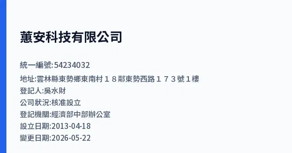 蕙安科技有限公司的照片-統編 54234032(雲林縣) 公司登記資料與營業項目詳細圖表