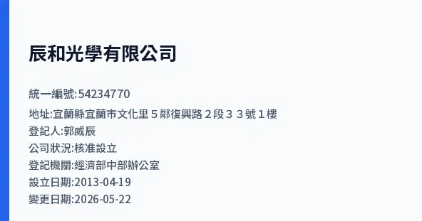辰和光學有限公司的照片-統編 54234770(宜蘭縣) 公司登記資料與營業項目詳細圖表