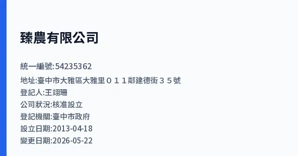臻農有限公司的照片-統編 54235362(臺中市) 公司登記資料與營業項目詳細圖表