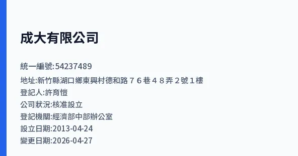 成大有限公司的照片-統編 54237489(新竹縣) 公司登記資料與營業項目詳細圖表