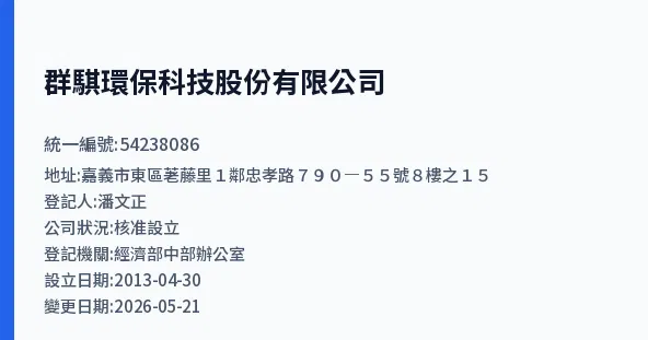 群騏環保科技股份有限公司的照片-統編 54238086(嘉義市) 公司登記資料與營業項目詳細圖表