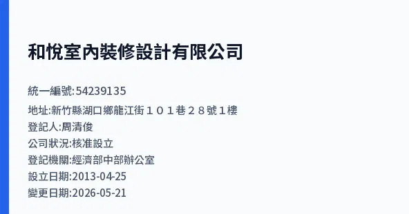 和悅室內裝修設計有限公司的照片-統編 54239135(新竹縣) 公司登記資料與營業項目詳細圖表