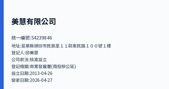 美慧有限公司的照片-統編 54239846(苗栗縣) 公司登記資料與營業項目詳細圖表