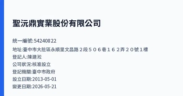 聖沅鼎實業股份有限公司的照片-統編 54240822(臺中市) 公司登記資料與營業項目詳細圖表