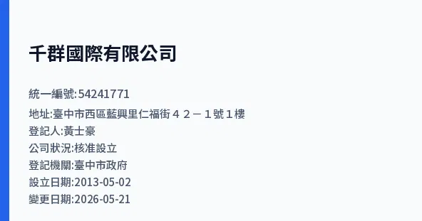 千群國際有限公司的照片-統編 54241771(臺中市) 公司登記資料與營業項目詳細圖表