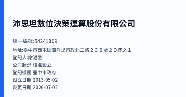 沛思坦數位決策運算股份有限公司的照片-統編 54241809(臺中市) 公司登記資料與營業項目詳細圖表