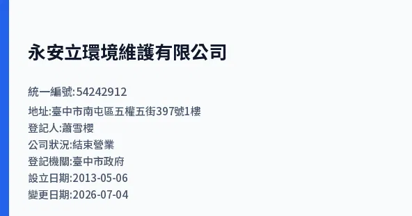 永安立環境維護有限公司的照片-統編 54242912(臺中市) 公司登記資料與營業項目詳細圖表