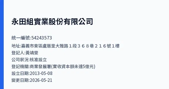 永田組實業股份有限公司的照片-統編 54243573(嘉義市) 公司登記資料與營業項目詳細圖表