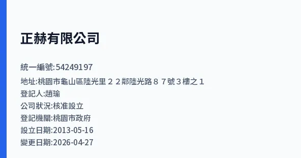 正赫有限公司的照片-統編 54249197(桃園市) 公司登記資料與營業項目詳細圖表