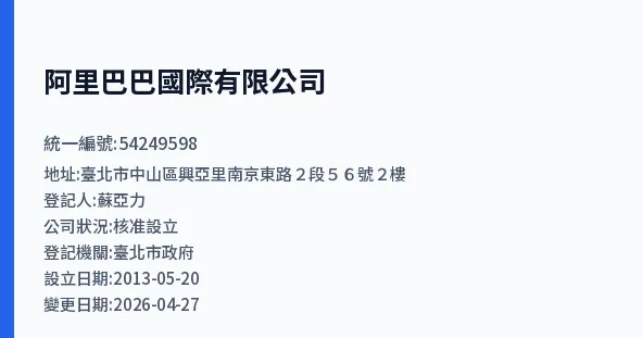 阿里巴巴國際有限公司的照片-統編 54249598(臺北市) 公司登記資料與營業項目詳細圖表