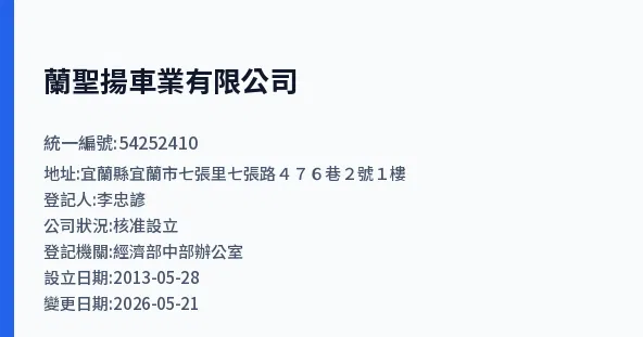 蘭聖揚車業有限公司的照片-統編 54252410(宜蘭縣) 公司登記資料與營業項目詳細圖表