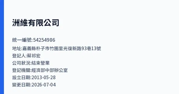 洲維有限公司的照片-統編 54254986(嘉義縣) 公司登記資料與營業項目詳細圖表