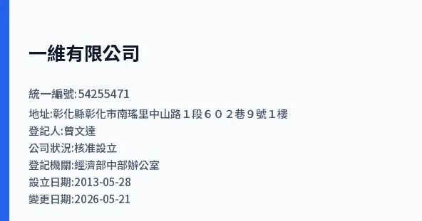一維有限公司的照片-統編 54255471(彰化縣) 公司登記資料與營業項目詳細圖表