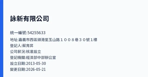 詠新有限公司的照片-統編 54255633(嘉義市) 公司登記資料與營業項目詳細圖表