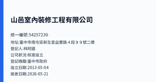 山邑室內裝修工程有限公司的照片-統編 54257230(臺中市) 公司登記資料與營業項目詳細圖表