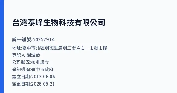 台灣泰峰生物科技有限公司的照片-統編 54257914(臺中市) 公司登記資料與營業項目詳細圖表