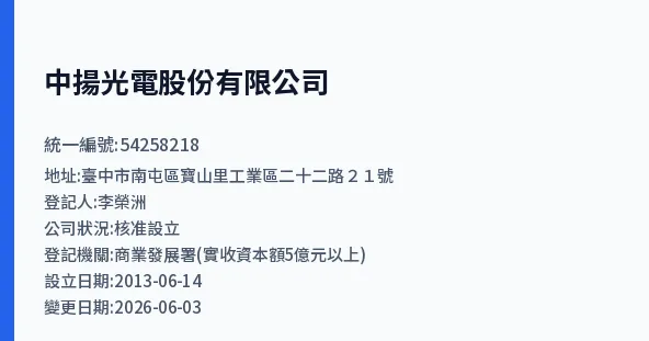 中揚光電股份有限公司的照片-統編 54258218(臺中市) 公司登記資料與營業項目詳細圖表