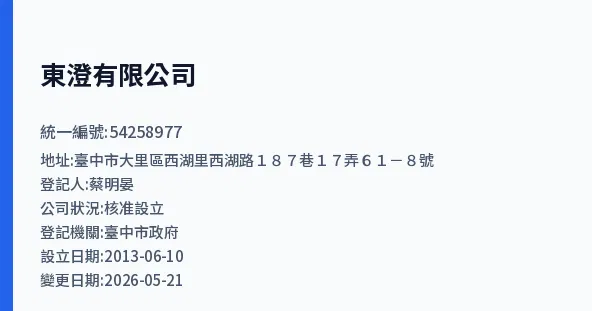 東澄有限公司的照片-統編 54258977(臺中市) 公司登記資料與營業項目詳細圖表