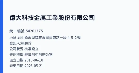 億大科技金屬工業股份有限公司的照片-統編 54261375(彰化縣) 公司登記資料與營業項目詳細圖表