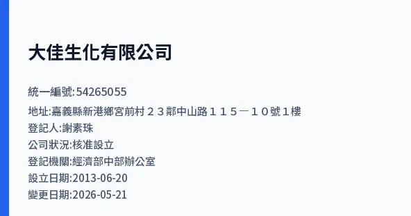 大佳生化有限公司的照片-統編 54265055(嘉義縣) 公司登記資料與營業項目詳細圖表