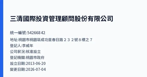 三清國際投資管理顧問股份有限公司的照片-統編 54266842(桃園市) 公司登記資料與營業項目詳細圖表