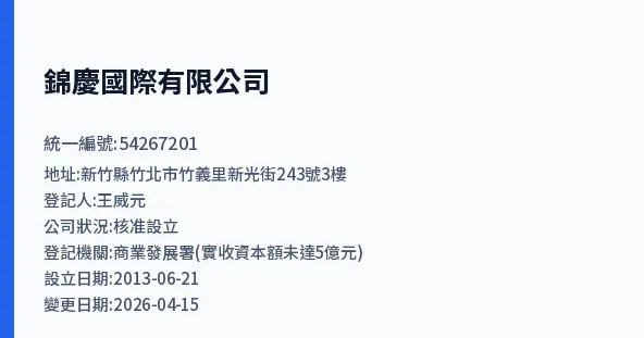 錦慶國際有限公司的照片-統編 54267201(新竹縣) 公司登記資料與營業項目詳細圖表