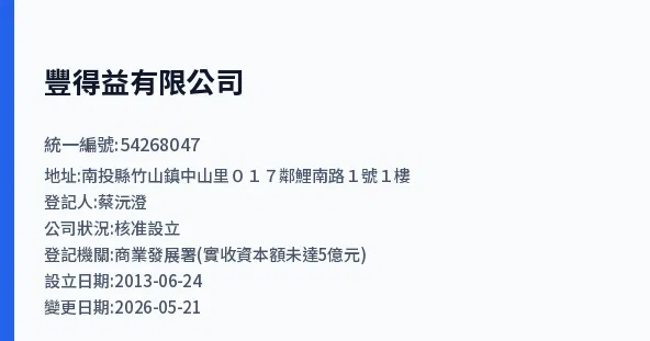 豐得益有限公司的照片-統編 54268047(南投縣) 公司登記資料與營業項目詳細圖表
