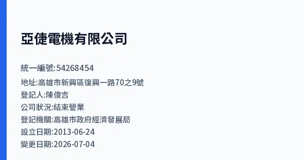 亞倢電機有限公司的照片-統編 54268454(高雄市) 公司登記資料與營業項目詳細圖表