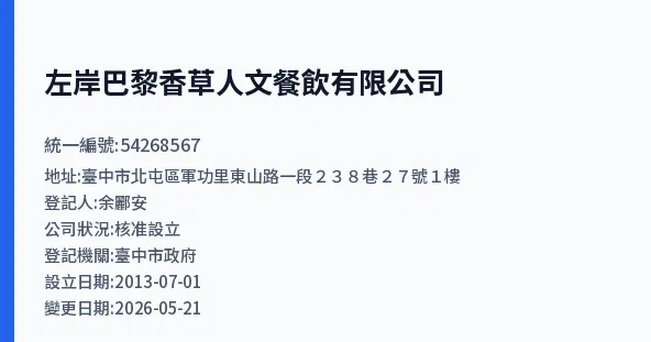 左岸巴黎香草人文餐飲有限公司的照片-統編 54268567(臺中市) 公司登記資料與營業項目詳細圖表