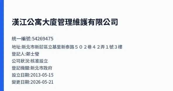 漢江公寓大廈管理維護有限公司的照片-統編 54269475(新北市) 公司登記資料與營業項目詳細圖表