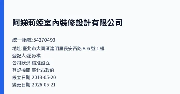 阿娣莉婭室內裝修設計有限公司的照片-統編 54270493(臺北市) 公司登記資料與營業項目詳細圖表