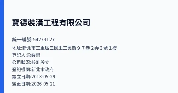 寶德裝潢工程有限公司的照片-統編 54273127(新北市) 公司登記資料與營業項目詳細圖表