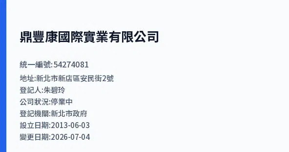 鼎豐康國際實業有限公司的照片-統編 54274081(新北市) 公司登記資料與營業項目詳細圖表