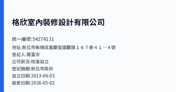 格欣室內裝修設計有限公司的照片-統編 54274131(新北市) 公司登記資料與營業項目詳細圖表