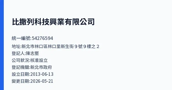 比撒列科技興業有限公司的照片-統編 54276594(新北市) 公司登記資料與營業項目詳細圖表