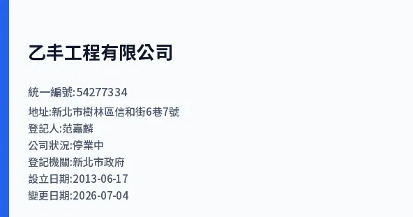 乙丰工程有限公司的照片-統編 54277334(新北市) 公司登記資料與營業項目詳細圖表